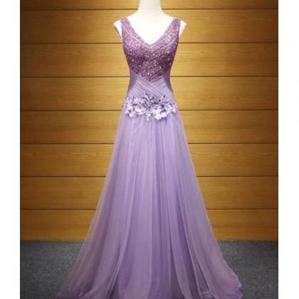 Purple A-line V-neck Floor-length Tulle Prom Dress With Beading on Luulla