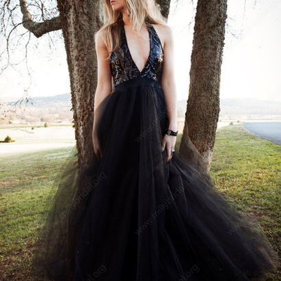 Sexy A-line Halter Tulle Sequined Sweep Train Ruffles Black Backless ...