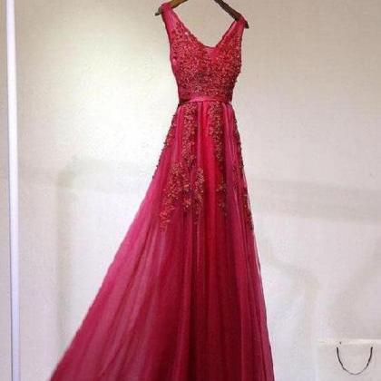 Red Lace Appliques See Through Prom Dress Long Party Graduation Dress ...