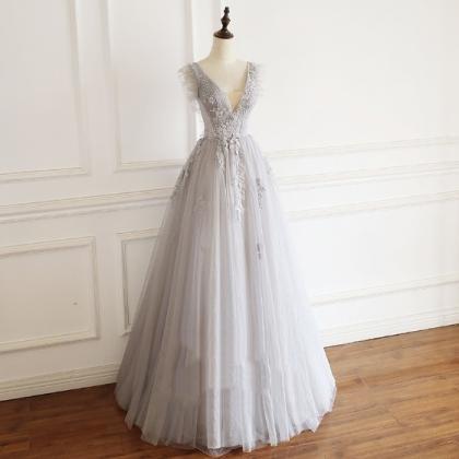 Light Grey Lace Tulle Long Prom Dress With Appliques,pl0762 on Luulla