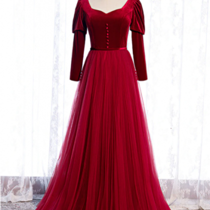 Burgundy Tulle Velvet Long Sleeve Square Long Prom Dress,pl1204 on Luulla