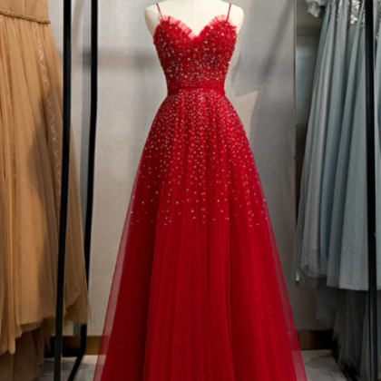 A-line Burgundy Tulle Spaghetti Straps Beading Prom Dress,pl1369 on Luulla