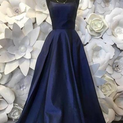 Deep Blue Satin A-line Prom Dresses Spaghetti Straps Formal Prom Gowns ...
