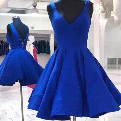 V Neck And V Back Short Blue Prom Dress, Open Back Blue Homecoming ...