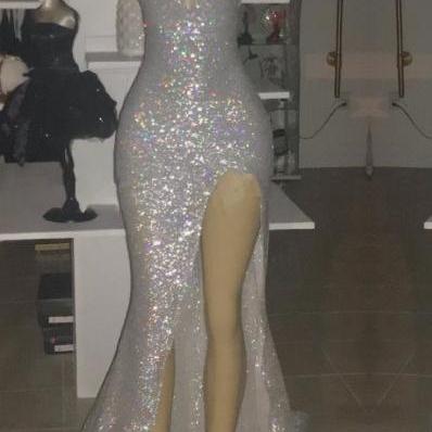 Halter Neck Slit Prom Dress | Shiny Silver Sequin Party Dresses,pl4790 ...