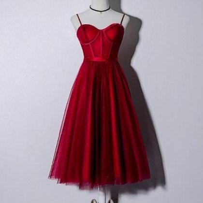 Beautiful Dark Red Tea Length Straps Wedding Party Dress, Homecoming ...