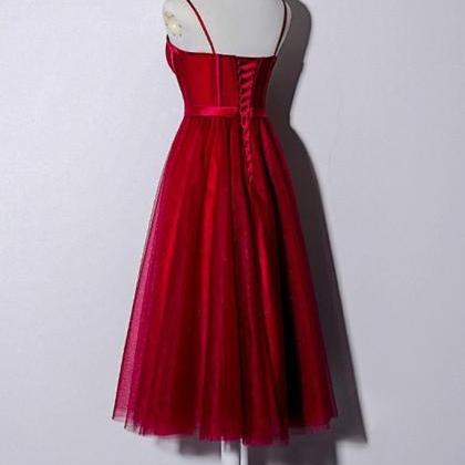 Beautiful Dark Red Tea Length Straps Wedding Party Dress, Homecoming ...