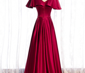 Burgundy Satin V-neck Short Sleeve Prom Dress,pl1181 on Luulla