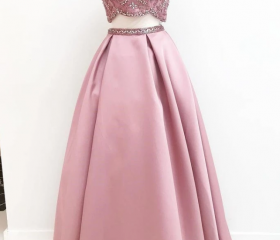 Gorgeous Two Piece Evening Dress, Beading Pink Satin Party Dress, A ...