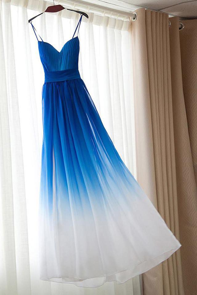 Blue Ombre Chiffon Plunge V Spaghetti Straps Floor Length A-line Formal ...