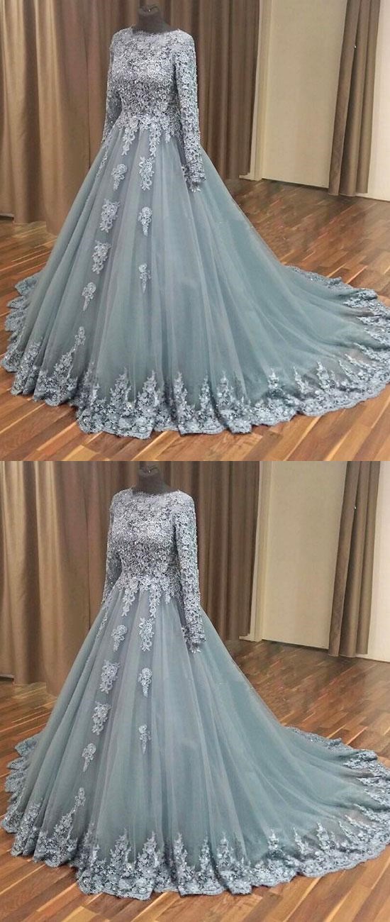 Gray Ball Gown Applique Tulle Long Prom Dress Gray Evening Dress on Luulla