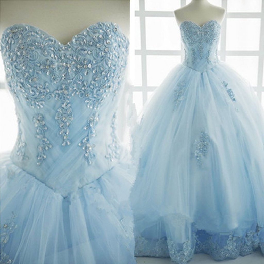 Princess Ice Blue Tulle High Waist Long Sweet Prom Dress With Appliqués ...