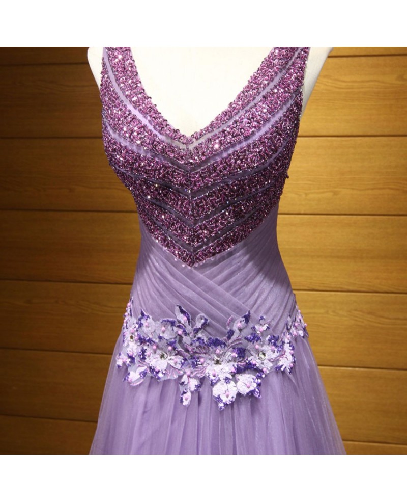 Purple A-line V-neck Floor-length Tulle Prom Dress With Beading on Luulla