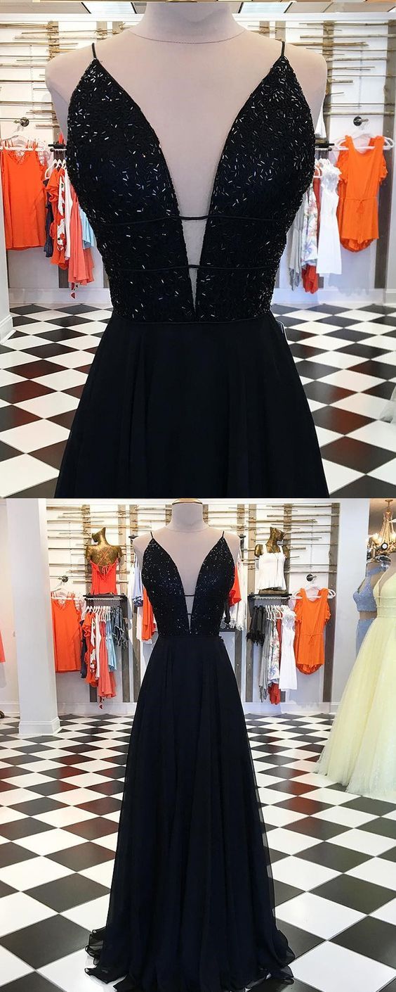 Sparkly Plunge V-neck A-line Black Sequin Prom Dress,pl0094 on Luulla