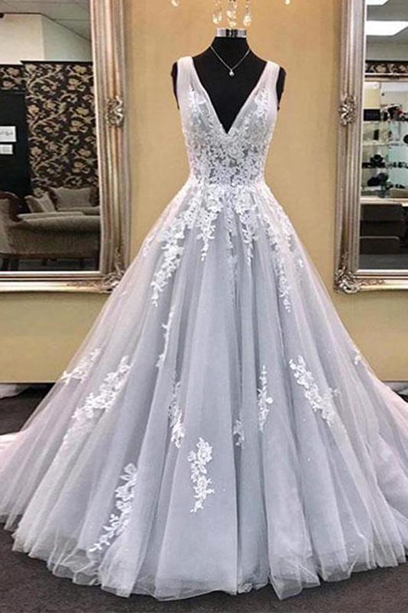 A Line V Neck Lace Appliques Tulle Long Prom Dresses Formal Evening