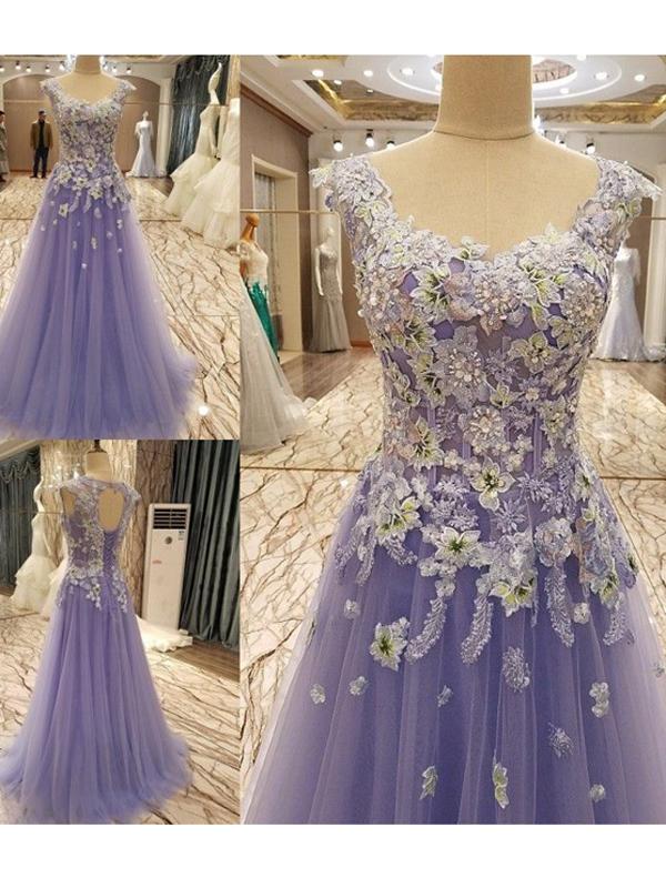 Lavender Prom Dress A-line Scoop Appliques Long Prom Dress/evening ...