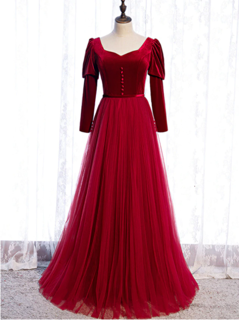 Burgundy Tulle Velvet Long Sleeve Square Long Prom Dress,pl1204 on Luulla