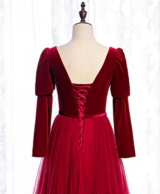 Burgundy Tulle Velvet Long Sleeve Square Long Prom Dress,pl1204 on Luulla