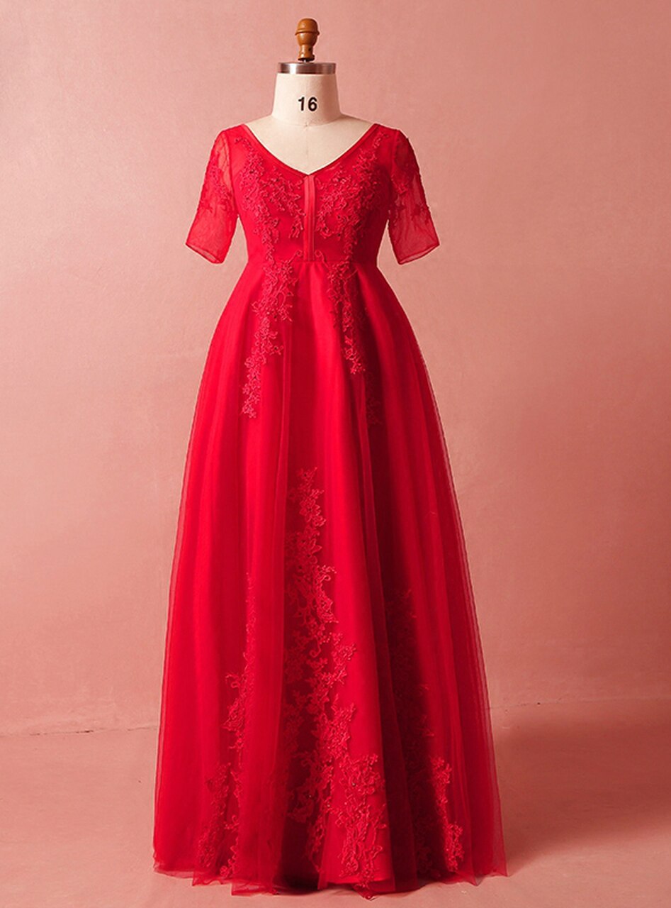 Plus Size Red Lace Tulle Short Sleeve V-neck Prom Dress,pl1451 on Luulla
