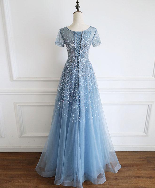 Blue Round Neck Tulle Sequin Beads Long Prom Dress Blue Tulle Formal ...