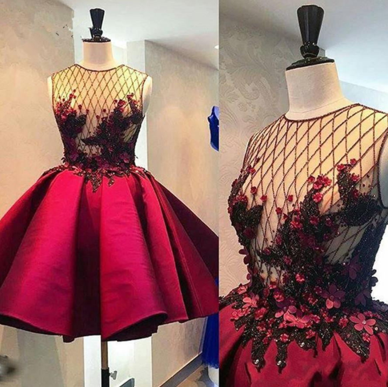 See-through Red Homecoming Dress Satin Short Party Dress With Beading ...
