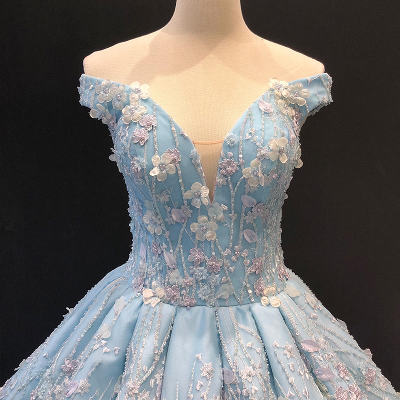 Luxurious 3d Floral Lace Light Blue Ball Gown Prom Dress Formal Evening ...