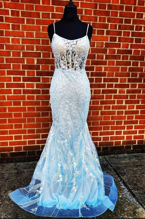Mermaid Light Blue Long Prom Dress With Spaghetti Straps,pl2413 on Luulla