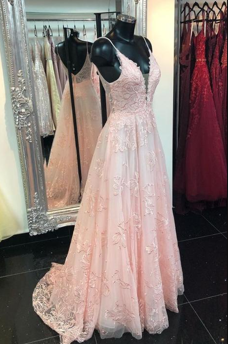 A-line Pink Lace Long Prom Dress Formal Dress 2021,pl2449 on Luulla