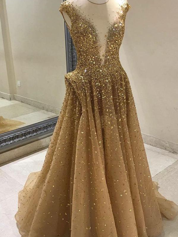 Gold Prom Dress A-line Scoop Custom Made Unique Long Prom Dress,pl2558 ...