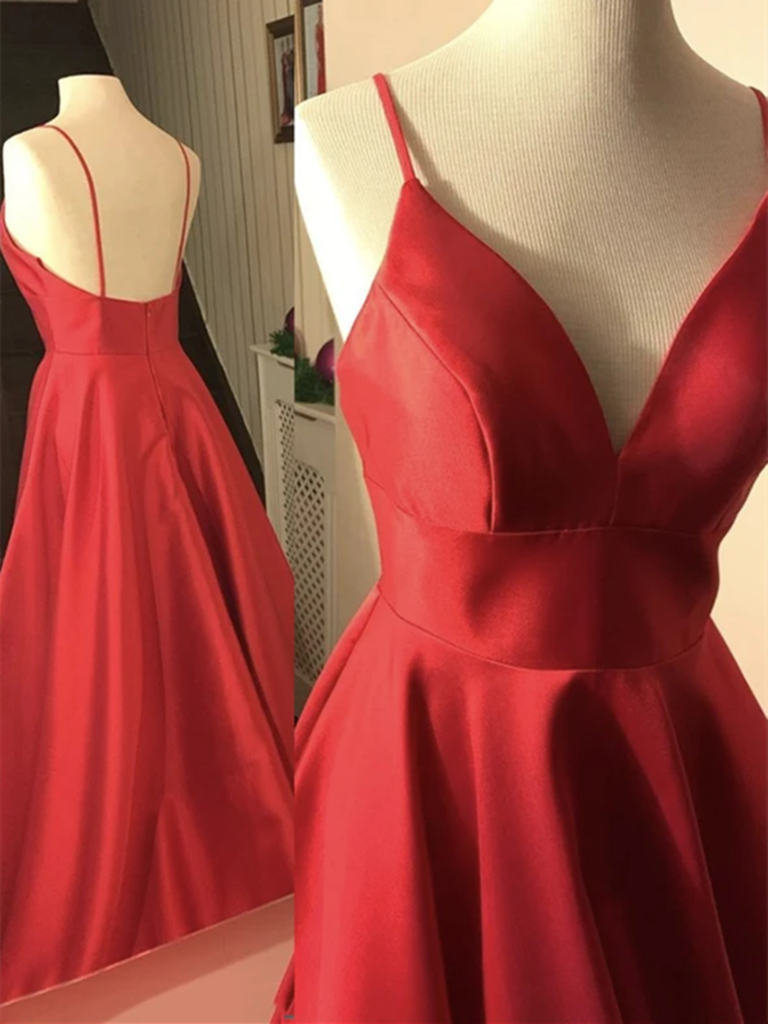A Line V Neck Backless Red Satin Long Prom Dresses, Red Open Back Long ...
