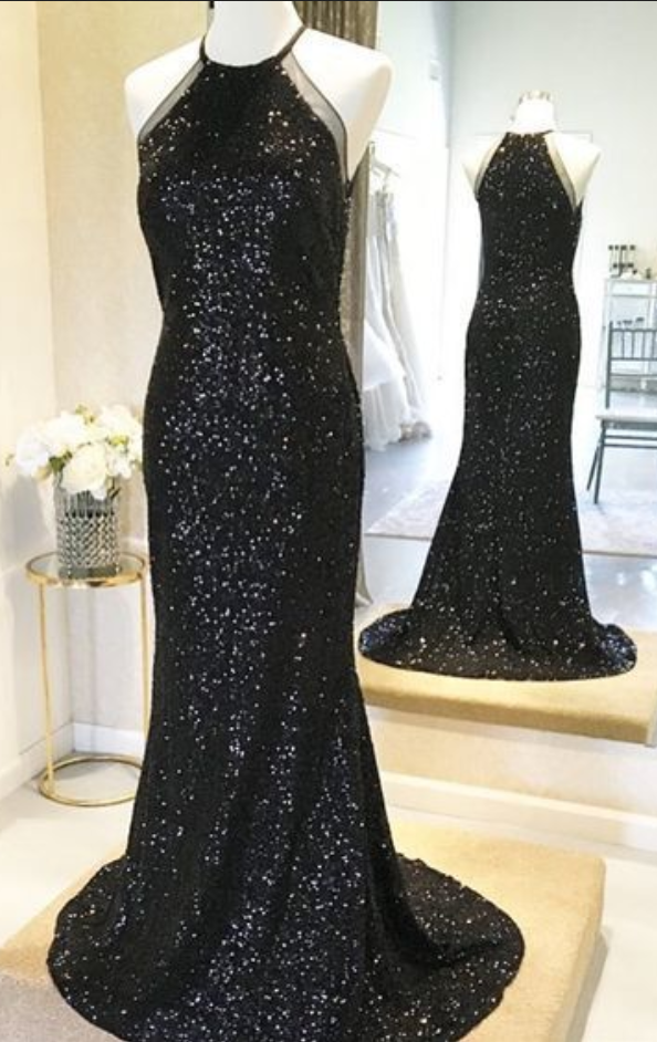 Gorgeous Sparkly Sequins Prom Dress, Black Bridesmaid Dress, Glitter ...