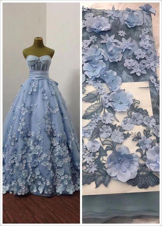 Sweetheart Neck Blue Prom Dresses Ball Gown 3d Flowers Elegant A-line ...