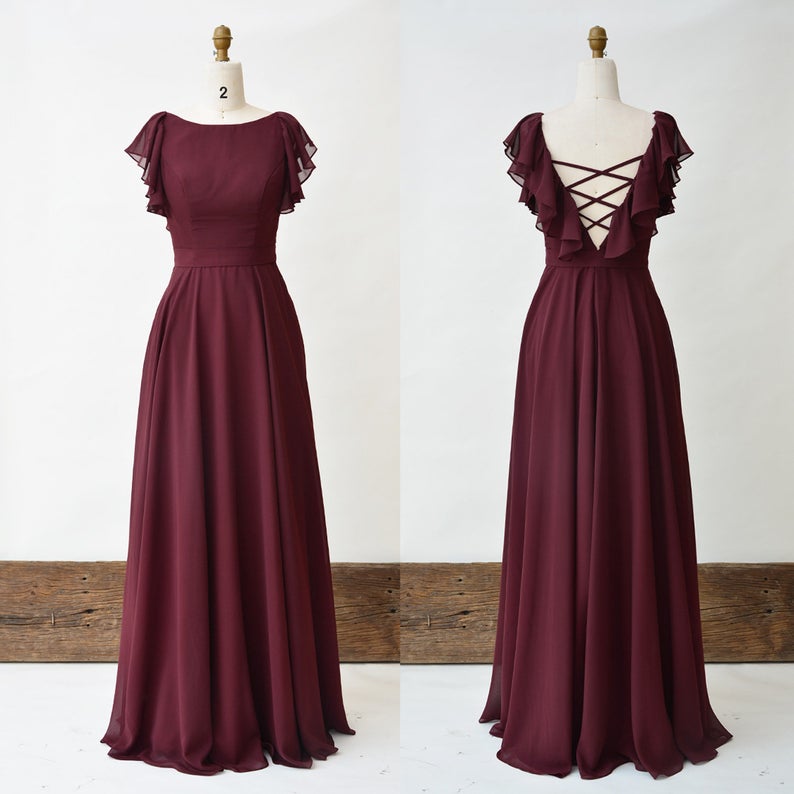 Chiffon Bridesmaid Dress Burgundy Wide Cascading Ruffle Sleeves Long ...