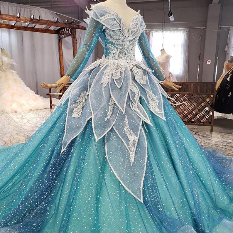 Blue Princess Sparkle Frost Fairy Queen Costume Wedding Dress Bridal ...