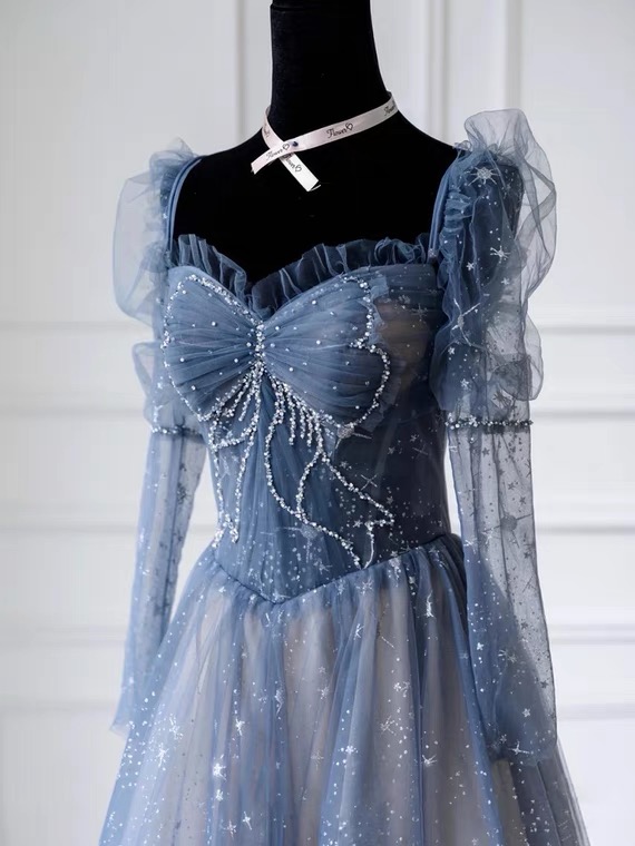 Unique,long Sleeve Prom Dress,frozen Blue Dress, Temperament Evening ...