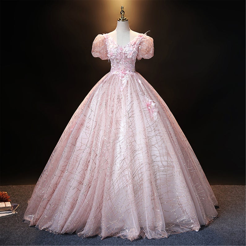 Sparkling Pink Prom Dress Princess Ball Gown V-neck Graduation Dress ...