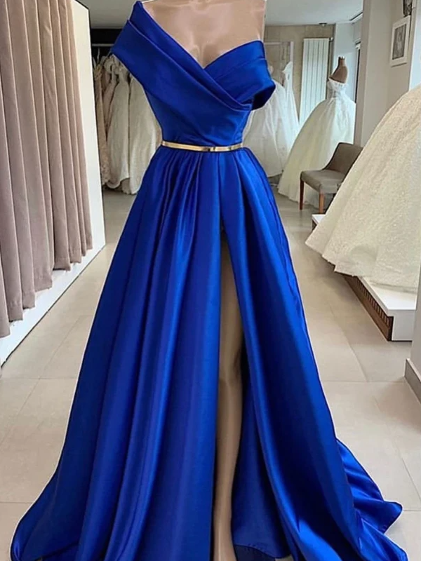 One Shoulder Royal Blue Satin Long Prom Dresses With Side Leg Slit ...