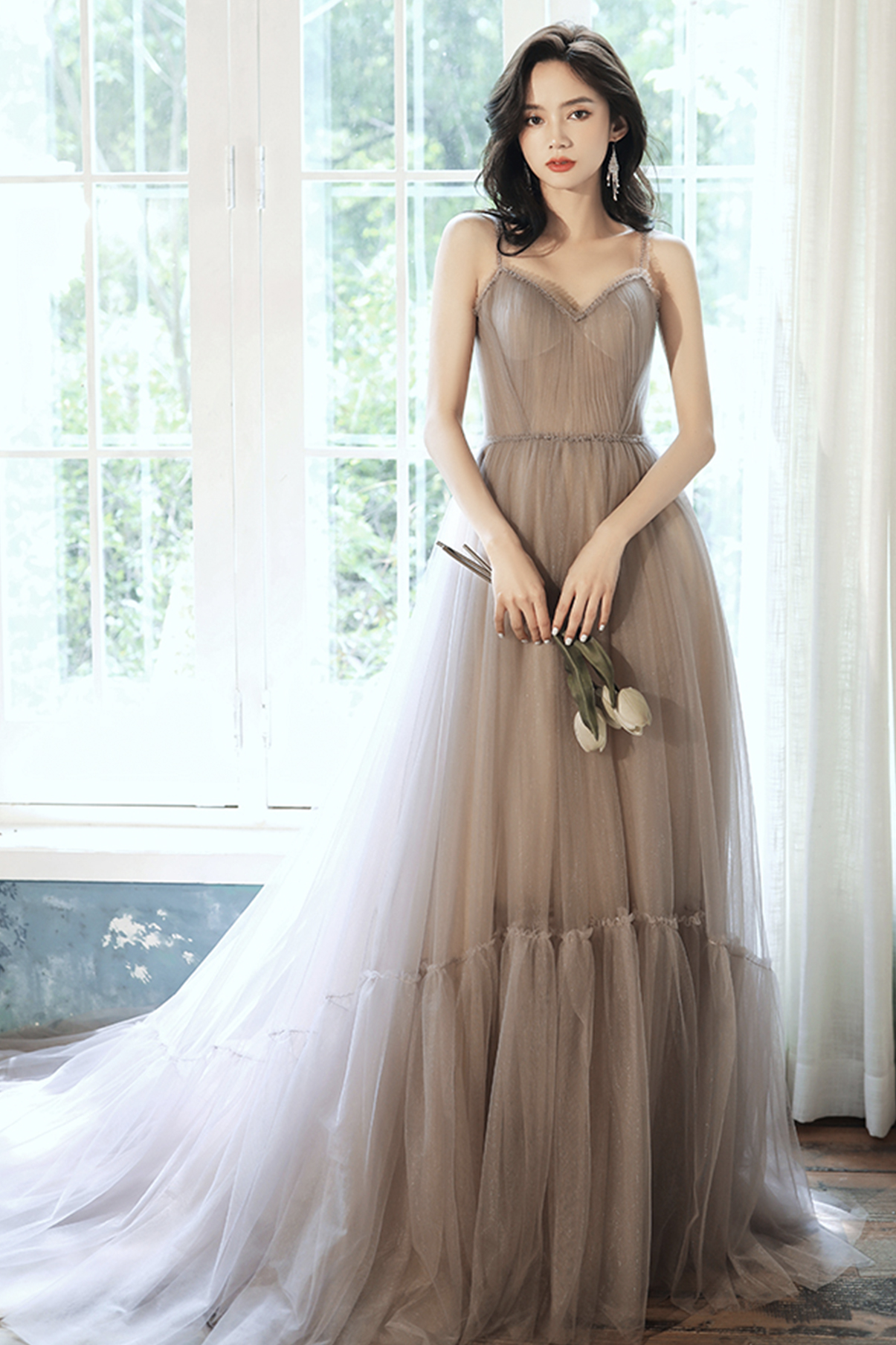 Stylish V Neck Tulle Long A Line Prom Dress Evening Dress,pl3712 on Luulla