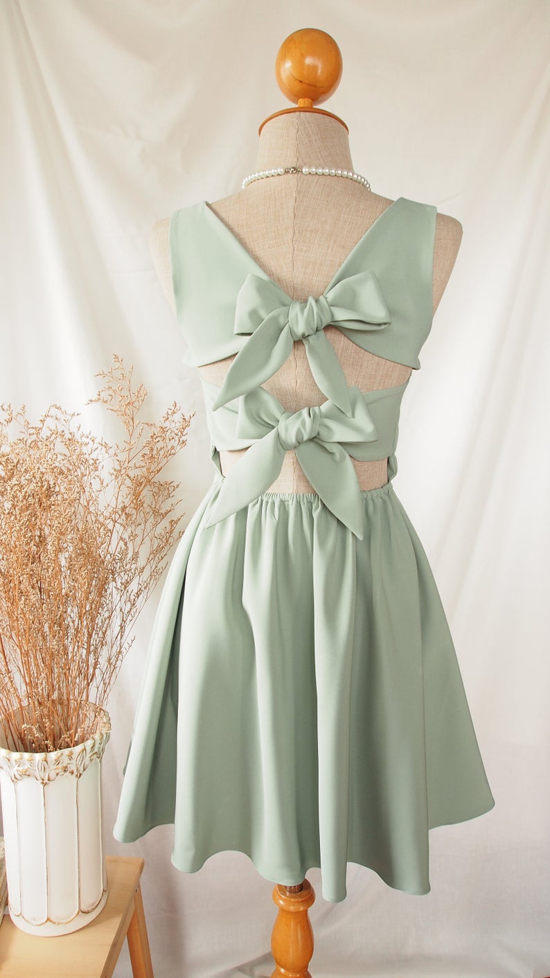 Sage Green Bridesmaid Dress Twin Back Bow Elegant Prom Dress Party ...