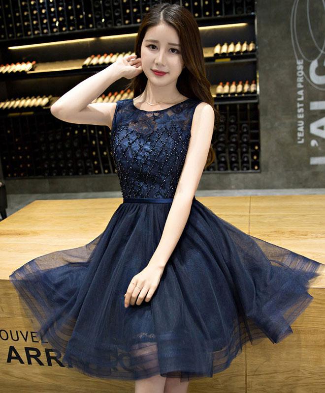 Dark Blue Lace Beading Short Prom Dress, Dark Blue Evening Dress,pl4443 ...