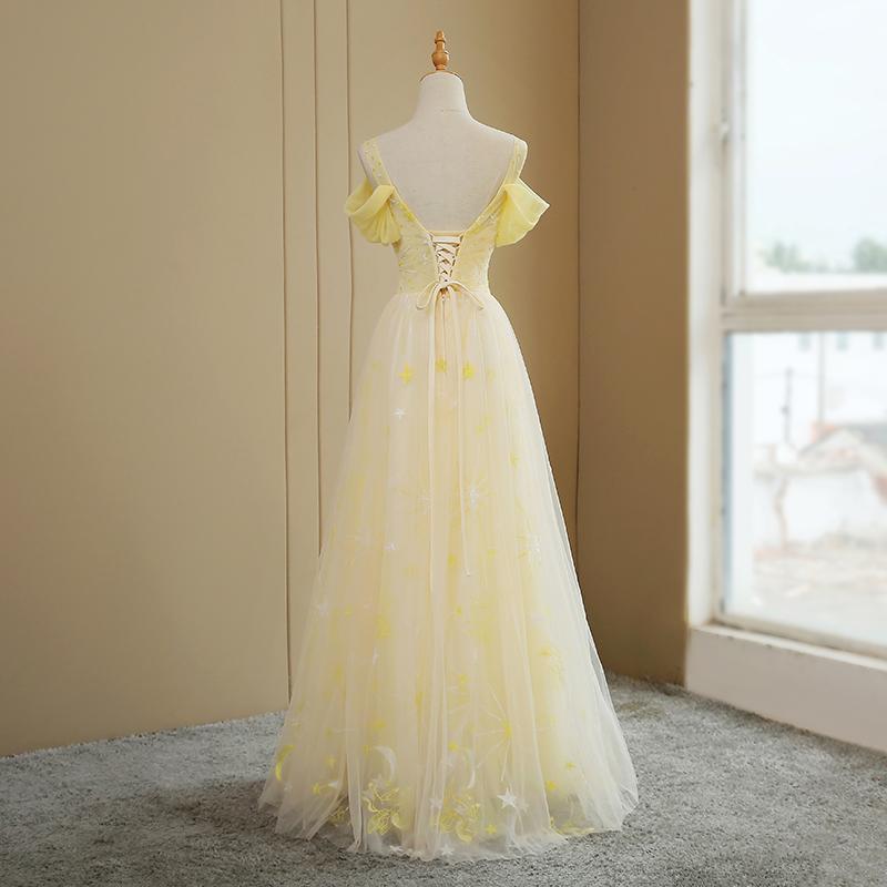 Beautiful Light Yellow Tulle Off Shoulder Evening Dress, Fashion Long ...