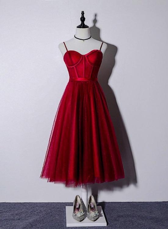 Beautiful Dark Red Tea Length Straps Wedding Party Dress, Homecoming ...