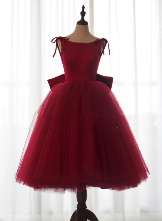 Charming Dark Red Tulle Vintage Tea Length Party Dress, Formal Dress ...