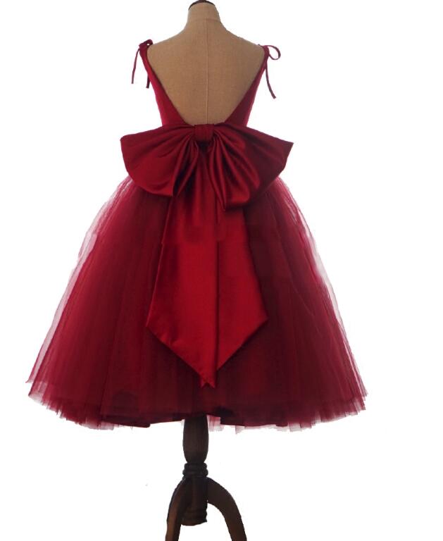 Charming Dark Red Tulle Vintage Tea Length Party Dress, Formal Dress ...
