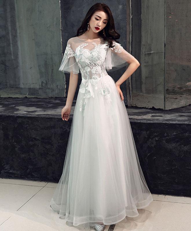 Gray Round Neck Tulle Lace Long Prom Dress, Gray Evening Dress,pl4715 ...