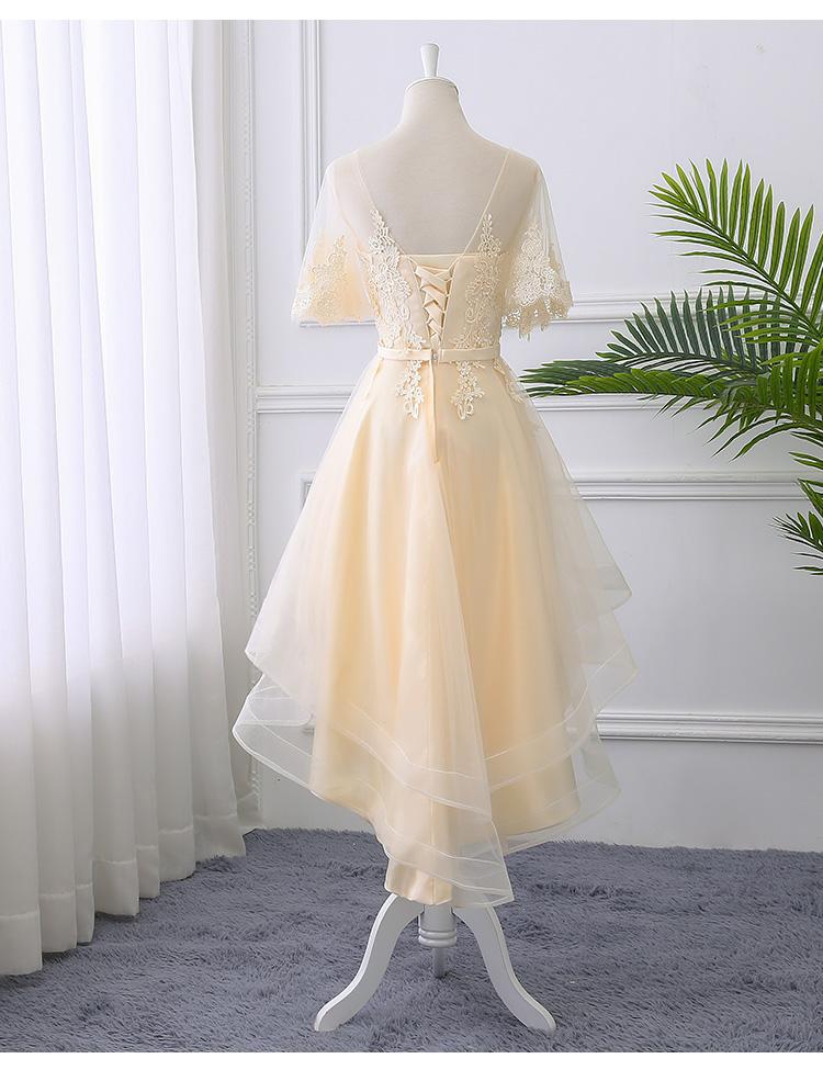 Adorable Light Champagne High Low Party Dress With Lace Applique, Short ...