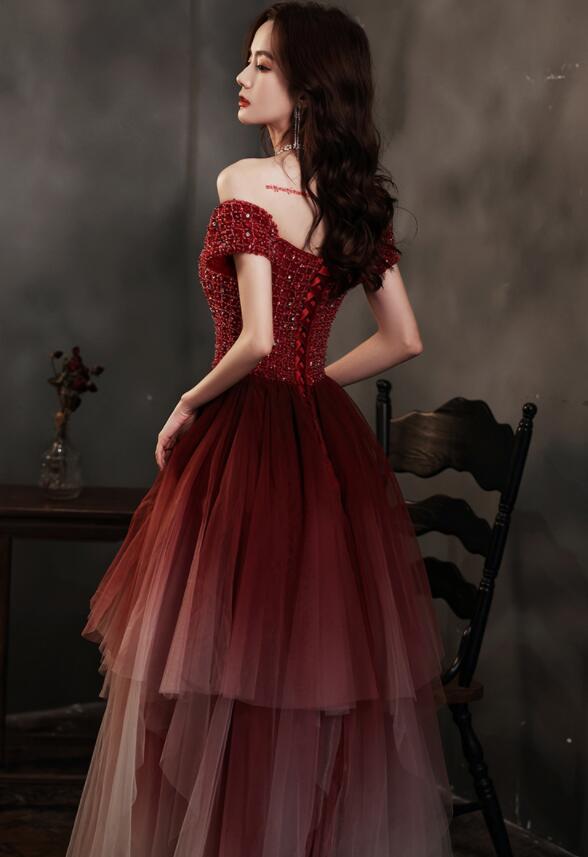Charming Dark Red Gradient Tulle Beaded Formal Dress Party Dress ...