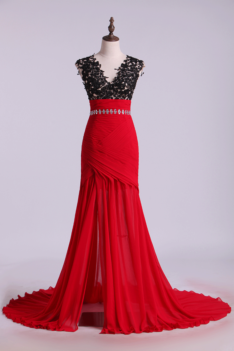 V-neck Mermaid Prom Dresses With Ruffles & Black Applique Chiffon ...