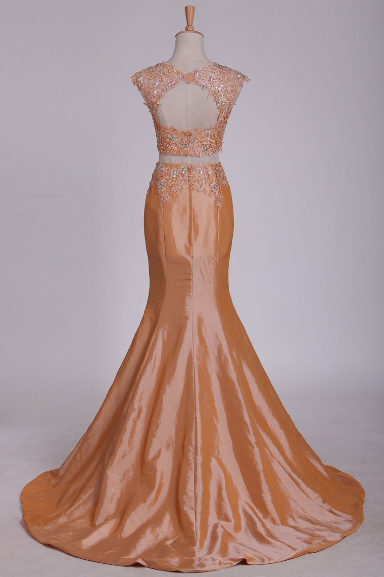 Taffeta Two Pieces Prom Dresses Bateau Mermaid With Beading And ...