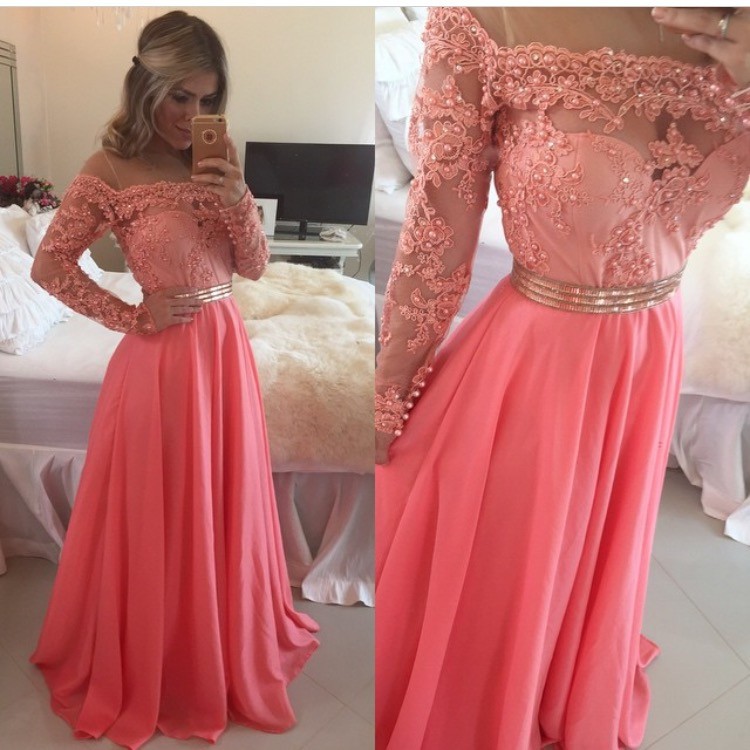 A-line Prom Dresses,Long Sleeves Prom Dresses,Coral Chiffon Evening ...